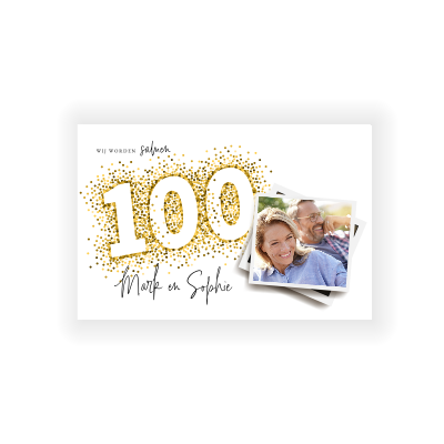 Uitnodiging samen 100 met polaroid en confetti